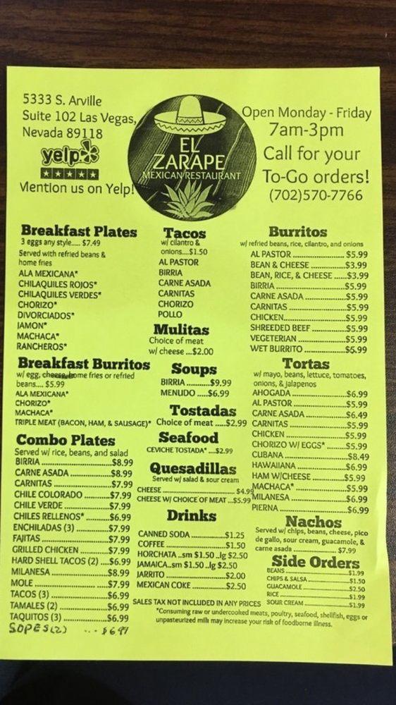 Menu at EL Zarape 1 (Arville) restaurant, Las Vegas