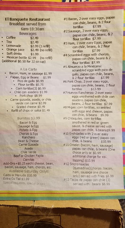 Menu at El Banquete restaurant, Midland, Rankin Hwy