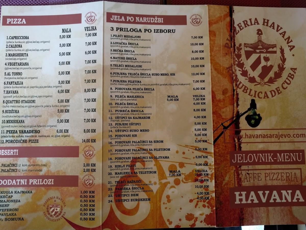 Menu at Havana restaurant, Sarajevo, Malta bb
