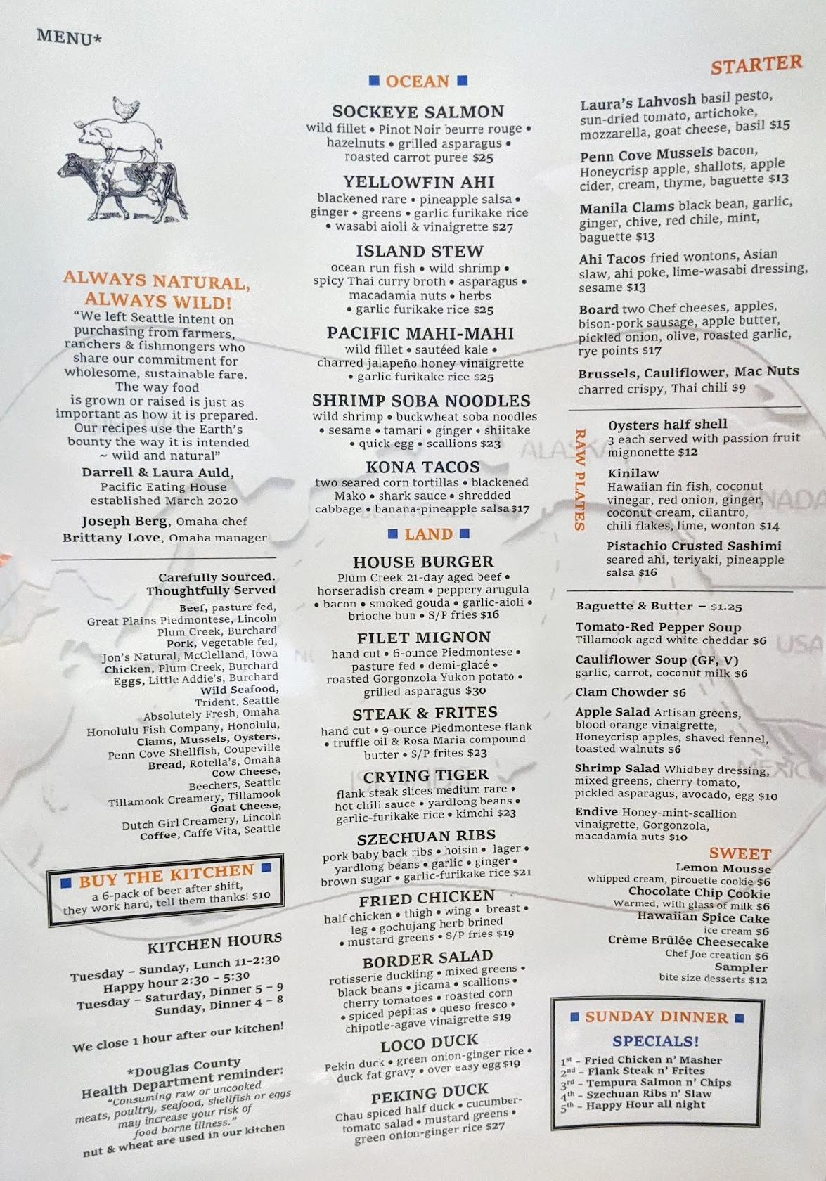 Menu at Pacific Eating House restaurant, Omaha