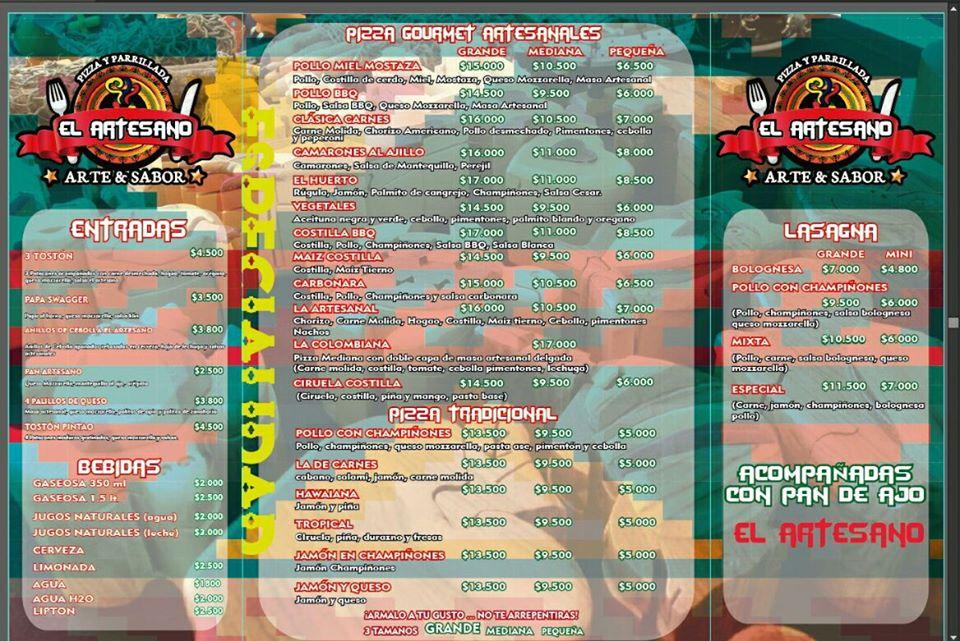 Menu at El Artesano Pizza y Parrilla, Bogotá