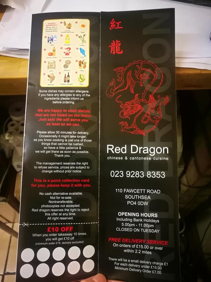 Menu at Red Dragon fast food, Portsmouth