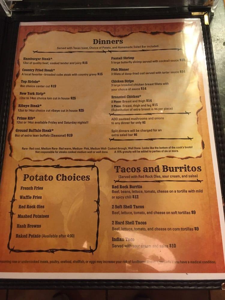 Menu at Red Rock restaurant, Wall