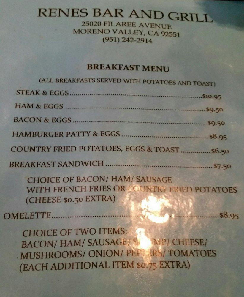 Menu at Rene's pub & bar, Moreno Valley