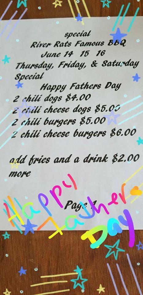 Menu at River Rats restaurant, Columbia