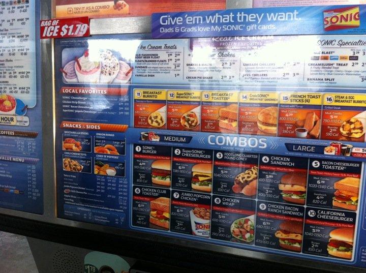 Menu at Sonic Drive-In fast food, Woodland