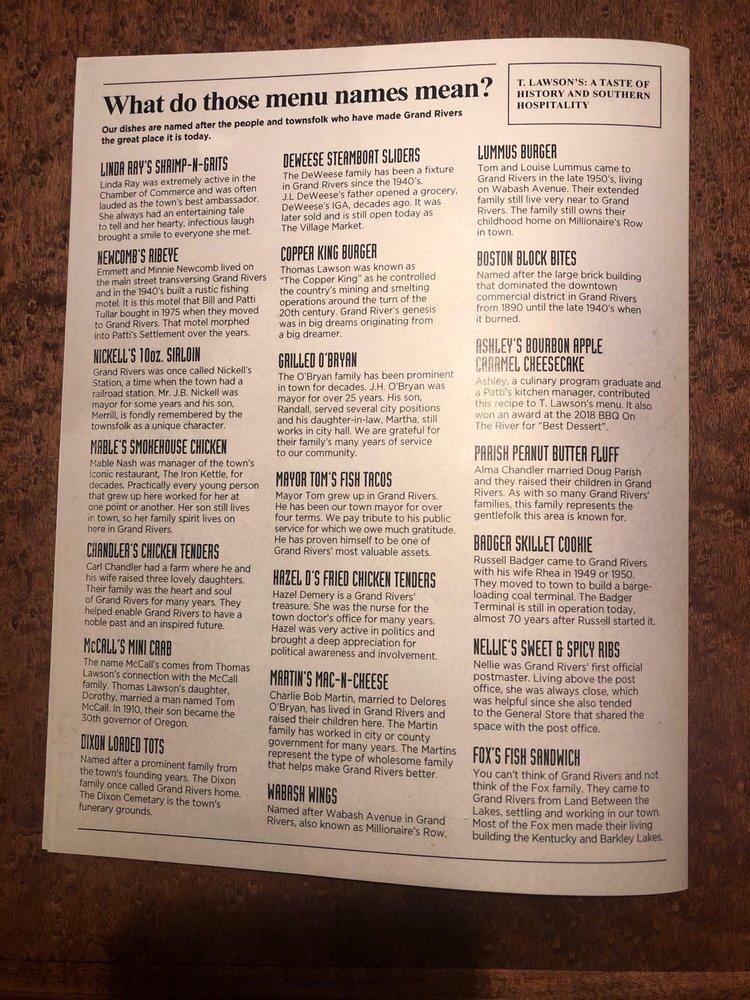 Menu at T Lawson’s Grill pub & bar, Grand Rivers