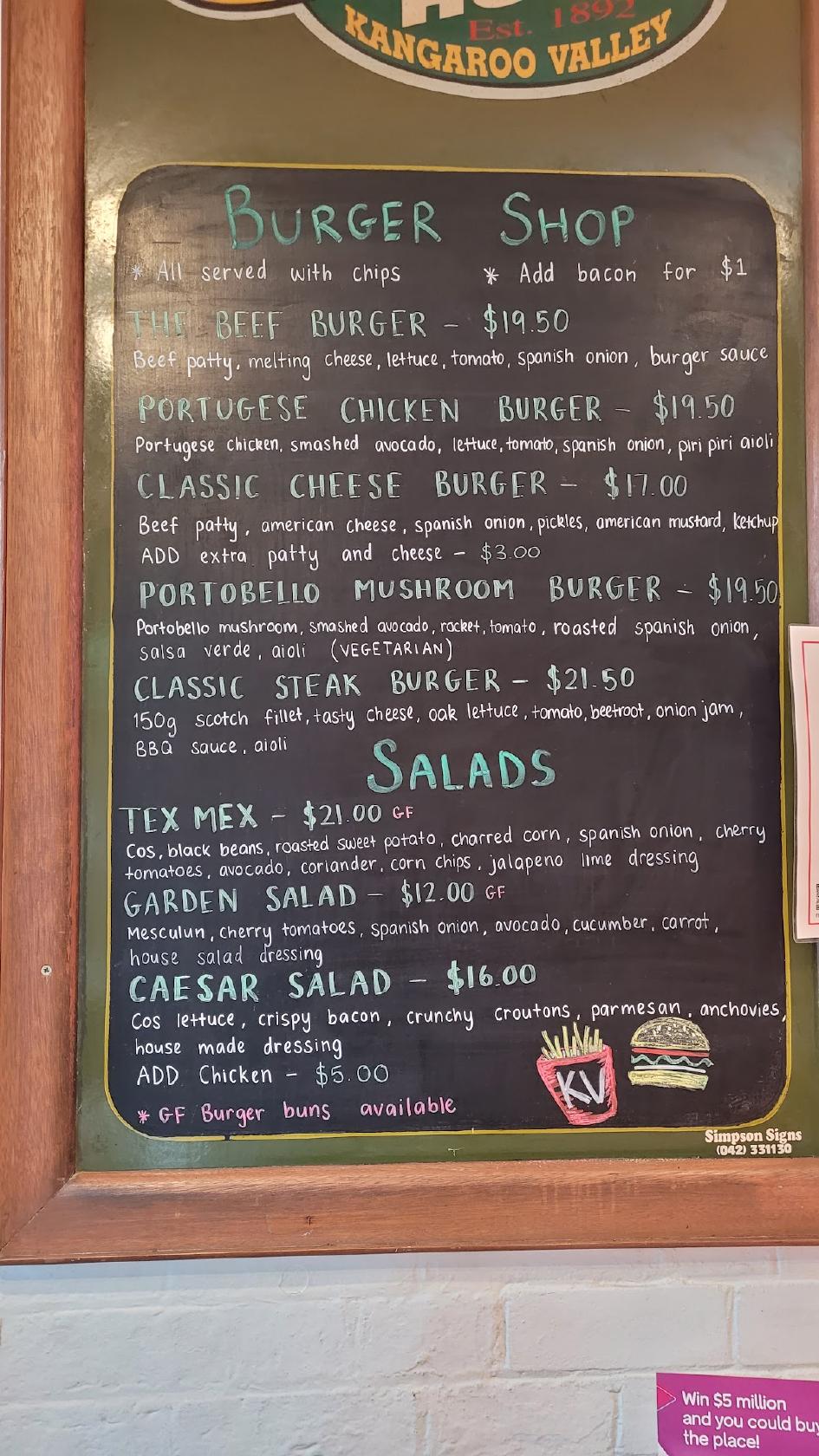 Menu at The Friendly Inn Hotel restaurant, Kangaroo Valley