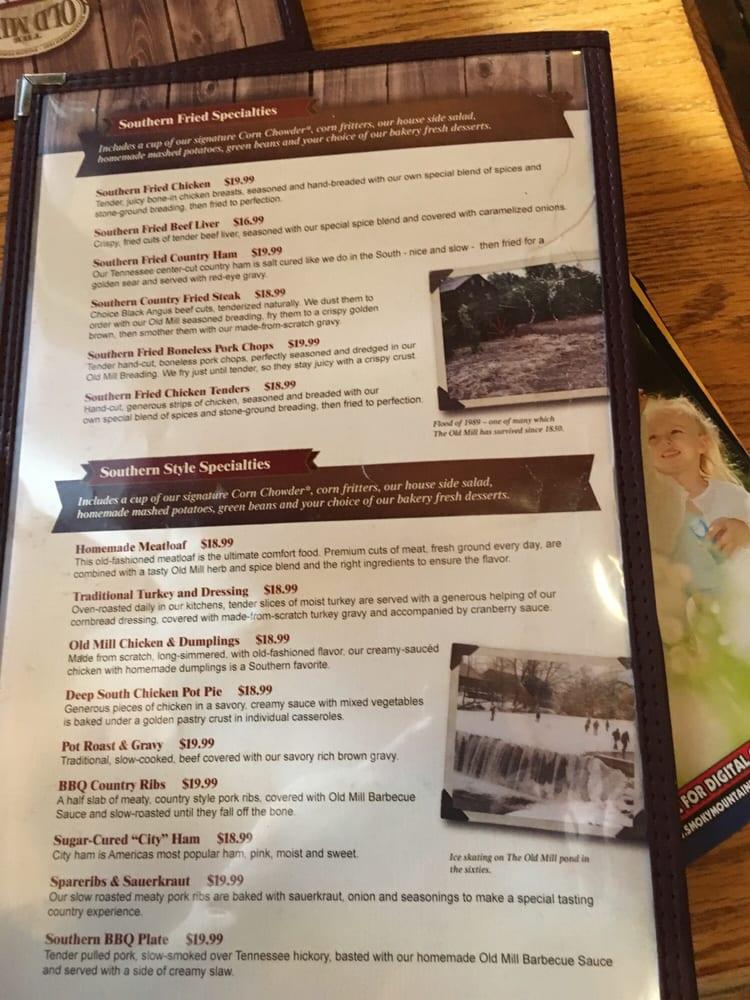 Menu at The Old Mill Restaurant, Pigeon Forge, 164 Old Mill Ave