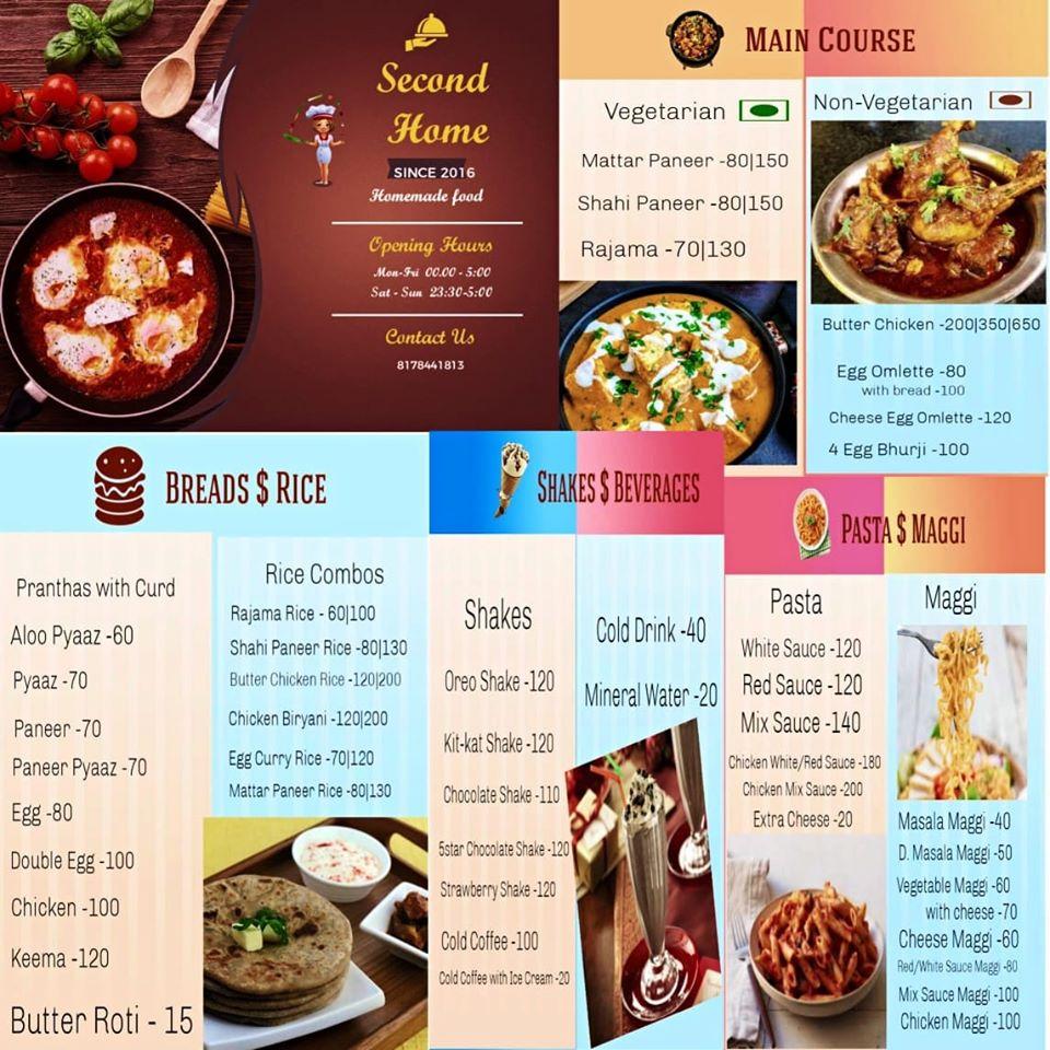 Menu at Second Home, Delhi, F-25/89 Sector-7 Rohini