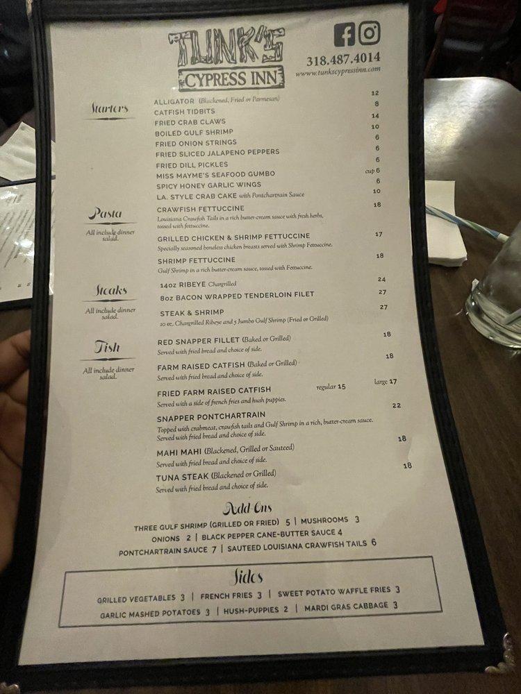 Menu at Tunk's Cypress Inn restaurant, Alexandria, LA-28