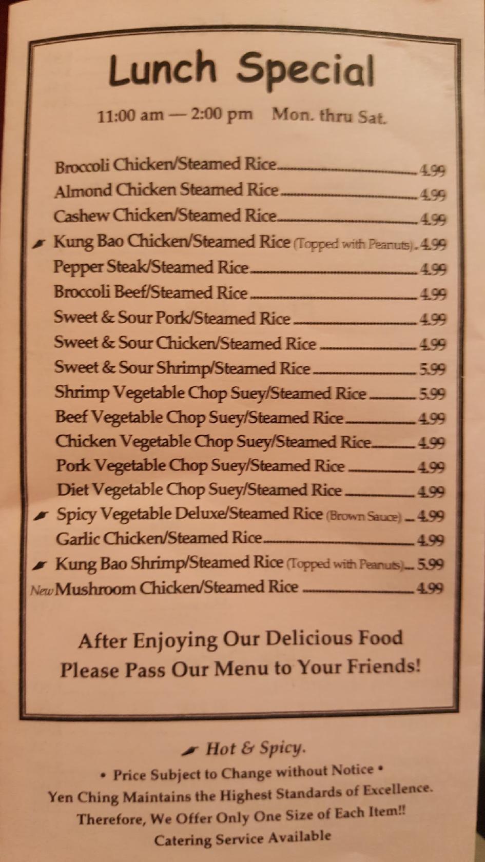 Menu at Yen Ching Mandarin Restaurant, Robinson