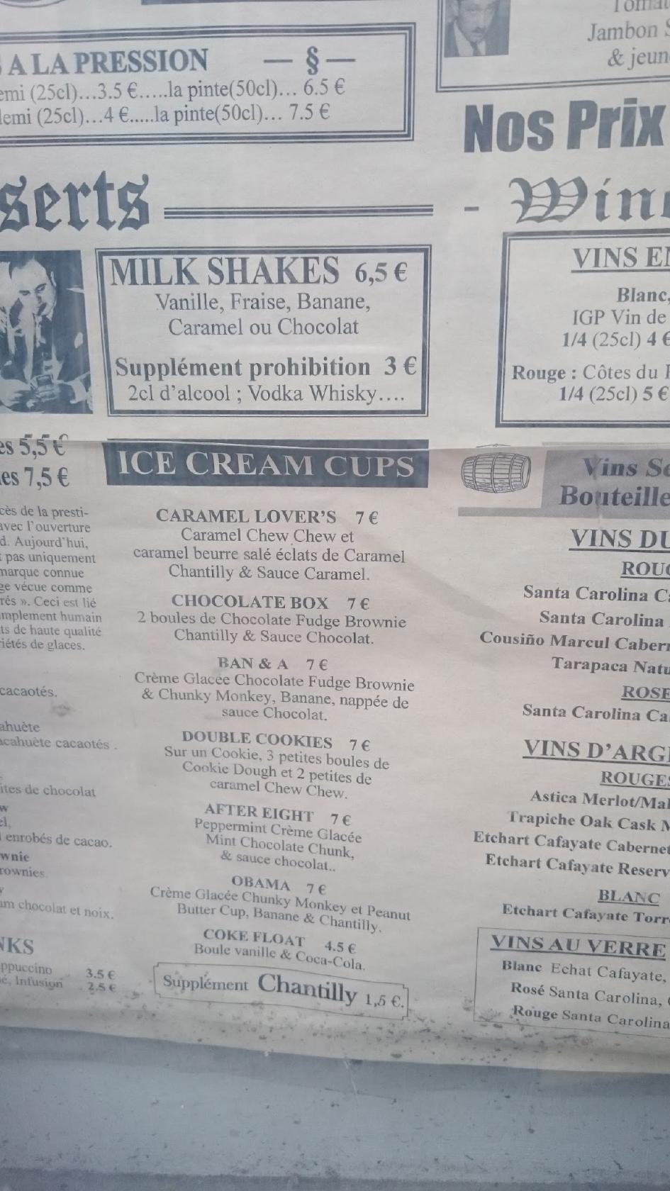 Menu at Chicago Speakeasy restaurant, Rouen, 1 Rue du Cercle