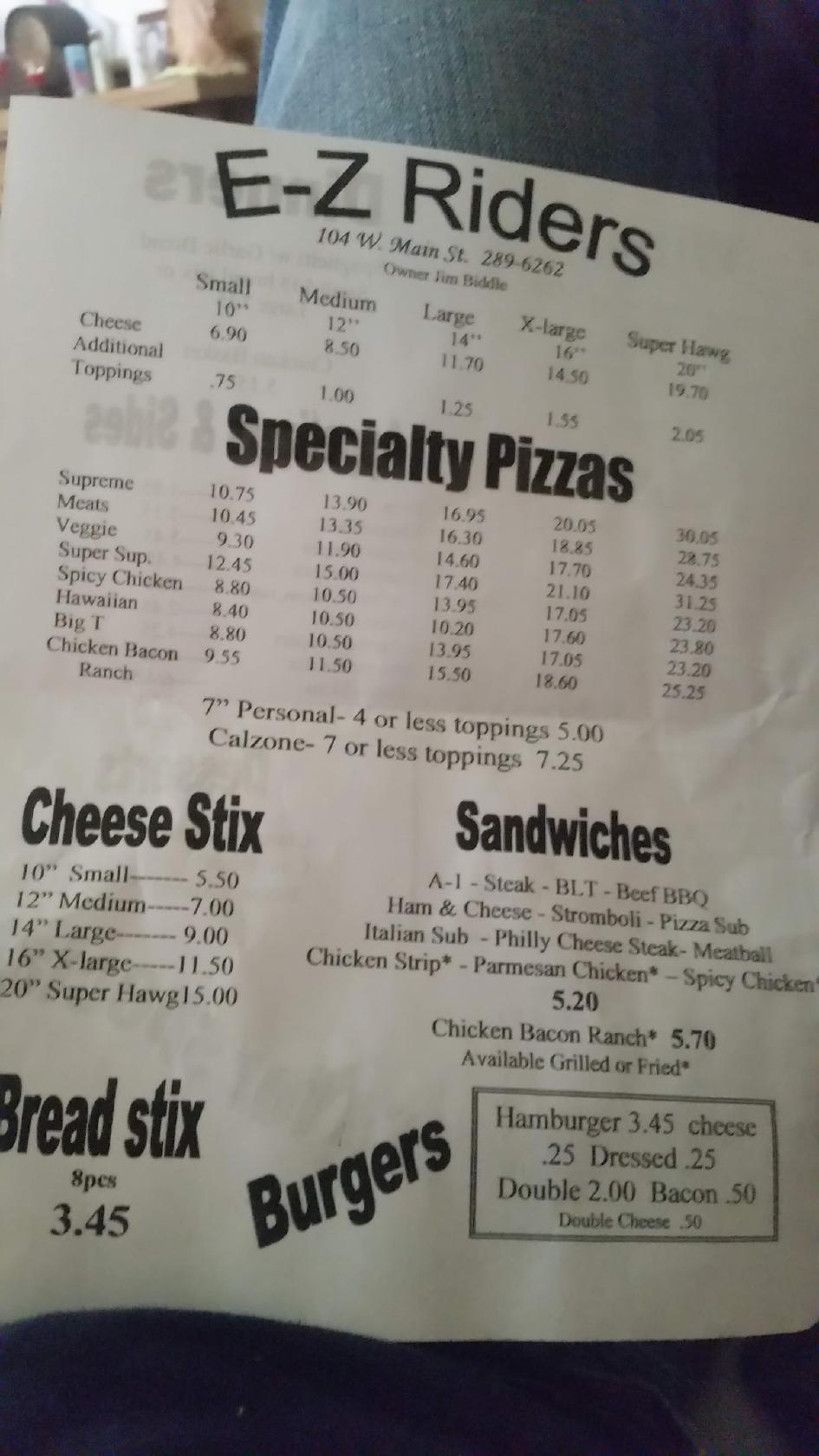 Menu at E Z Riders Pizza pizzeria, Carlisle