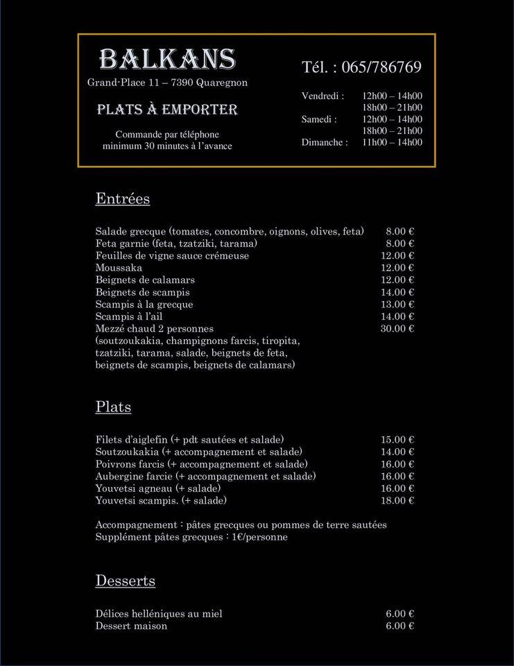 Menu au Les Balkans, Quaregnon