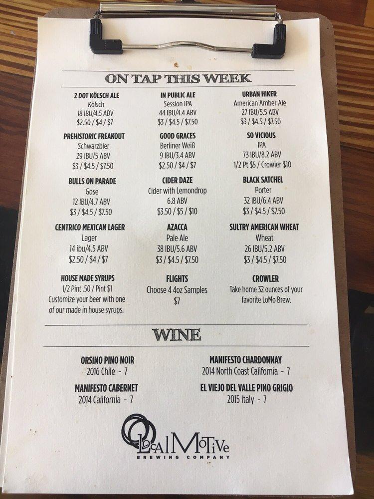Menu at Local Motive Brewery pub & bar, Florence
