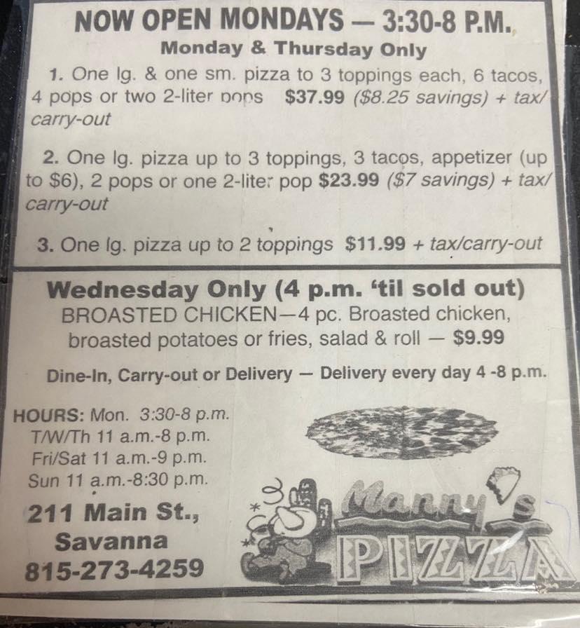 Menu at Manny's Pizza pub & bar, Savanna, 211 Main St