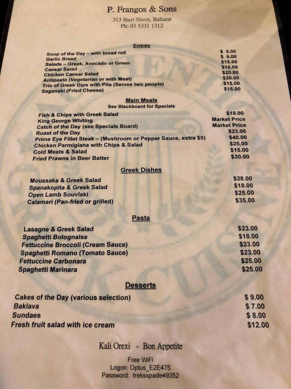 Menu at P. Frangos & Sons restaurant, Ballarat Central, 313 Sturt St