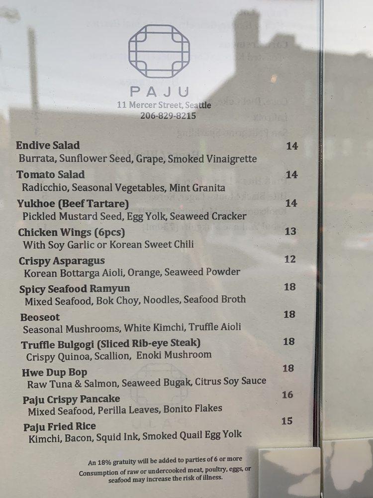 Menu at Paju restaurant, Seattle