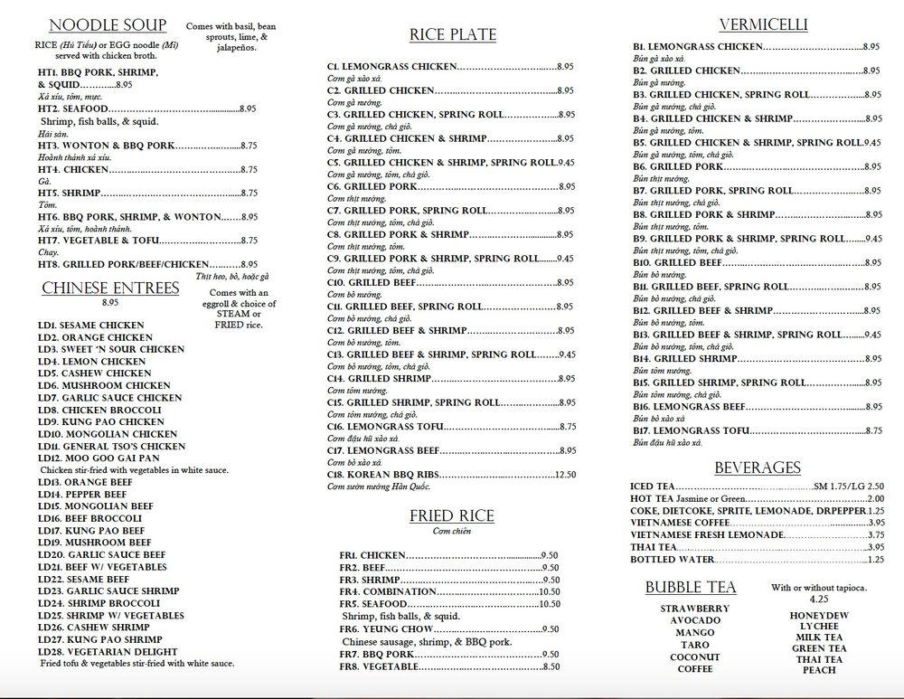 Menu at Pho Kim Long restaurant, San Antonio, McCullough Ave #2