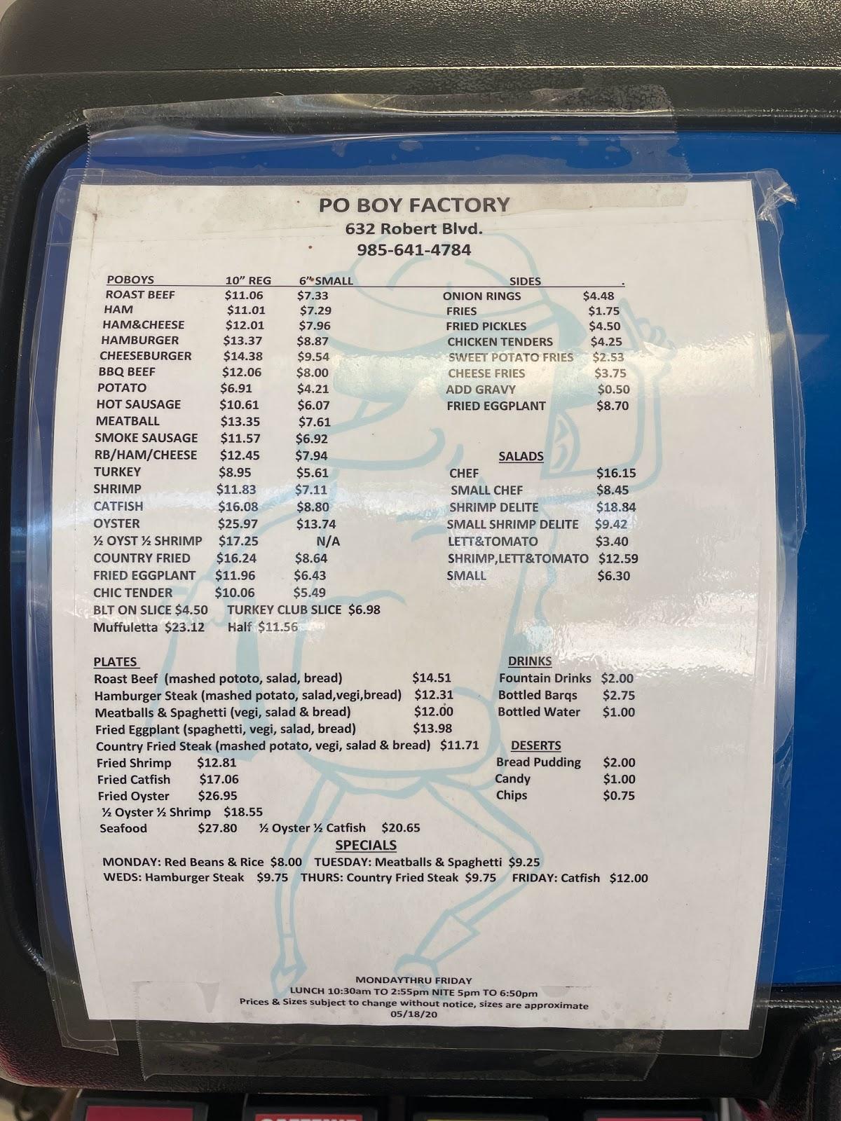 Menu at Southern Boys Po-Boy Factory restaurant, Slidell