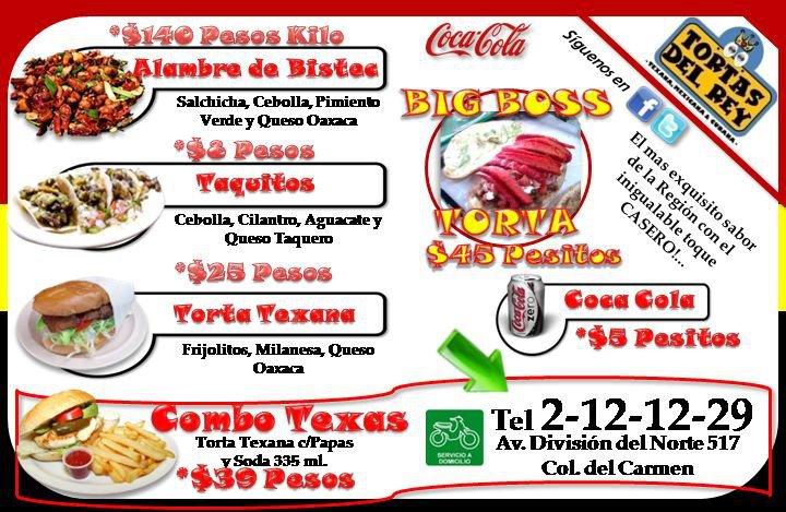 Menu at Tortas del Rey restaurant, Matamoros