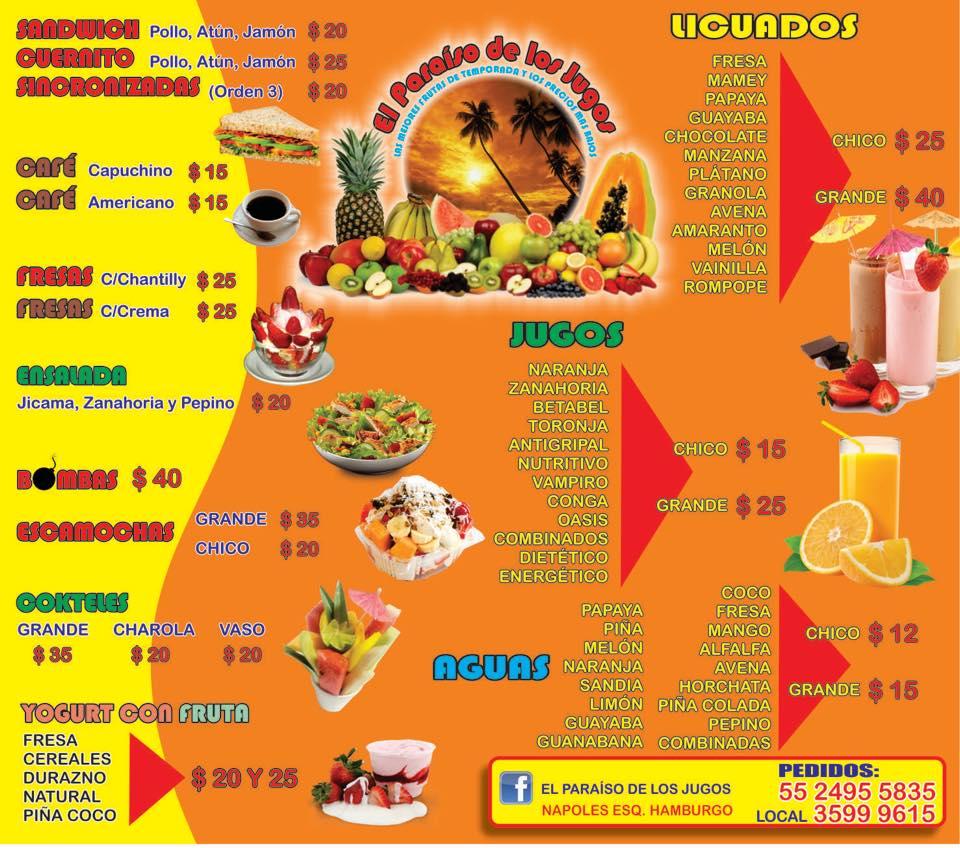 Menu at el paraiso de los jugos pub & bar, Mexico City