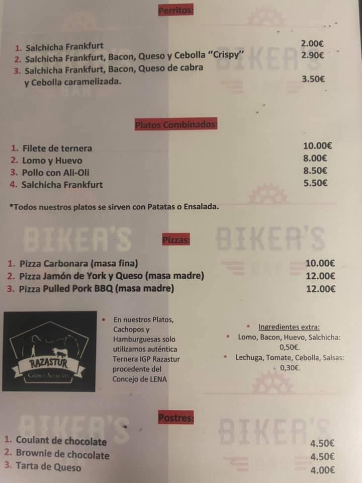 Menu at Biker's pub & bar, Pola de Lena