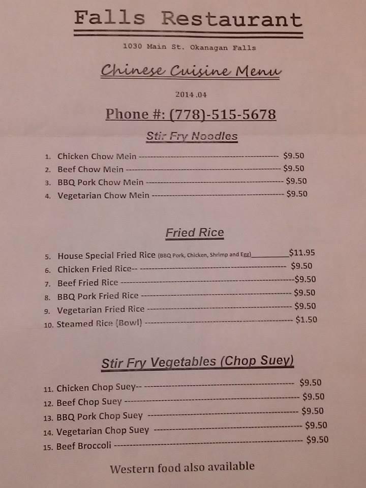Menu at Falls Restaurant, Canada