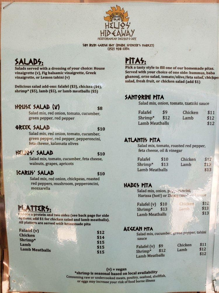 Menu at Helios' Hideaway restaurant, Ocracoke