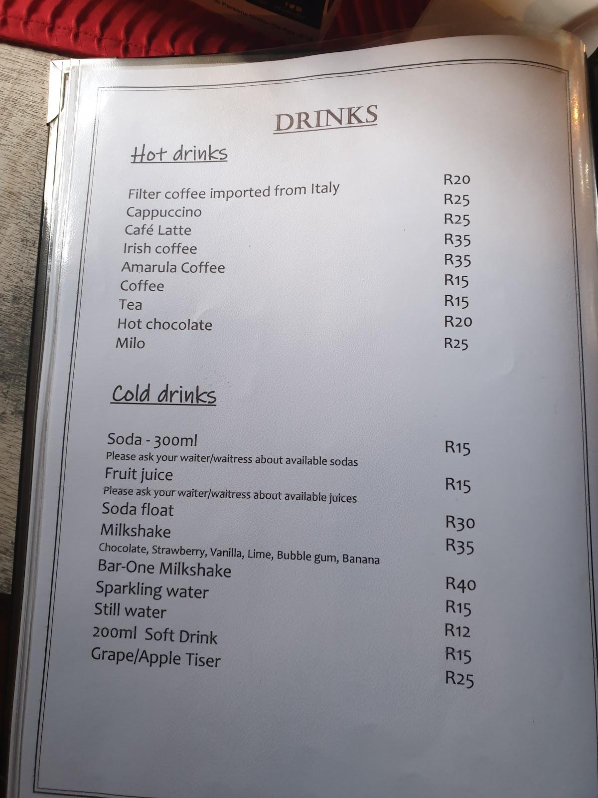 Menu at Inni Kraal restaurant, Colesberg