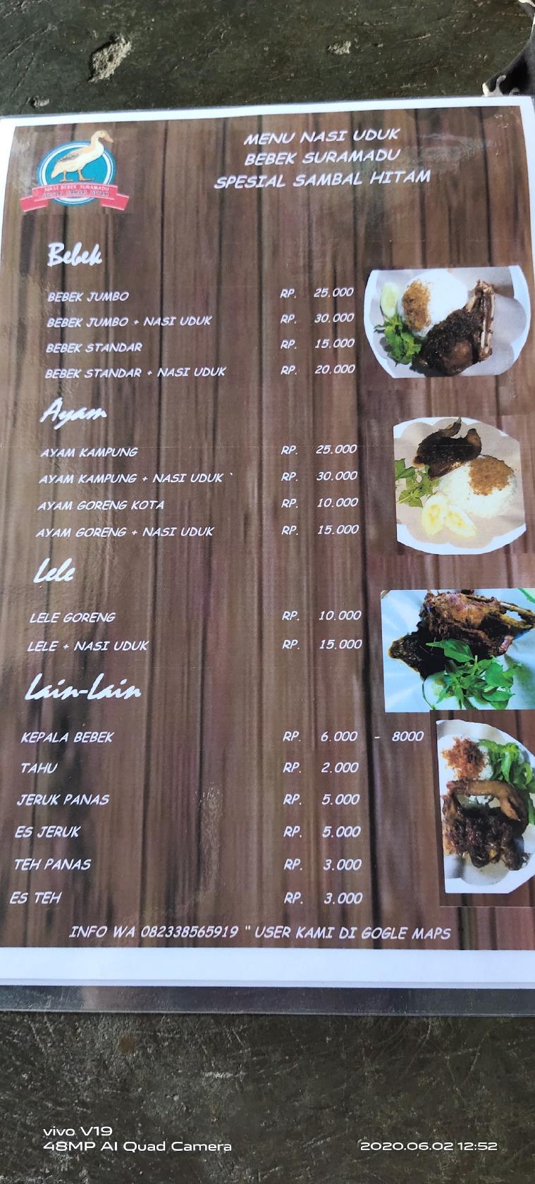Menu at Nasi Bebek Suramadu restaurant, Baru