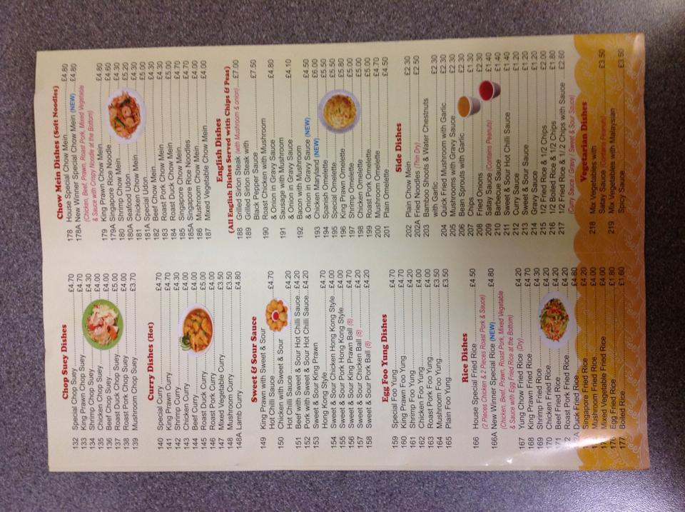 Menu at New Winner fast food, Scunthorpe