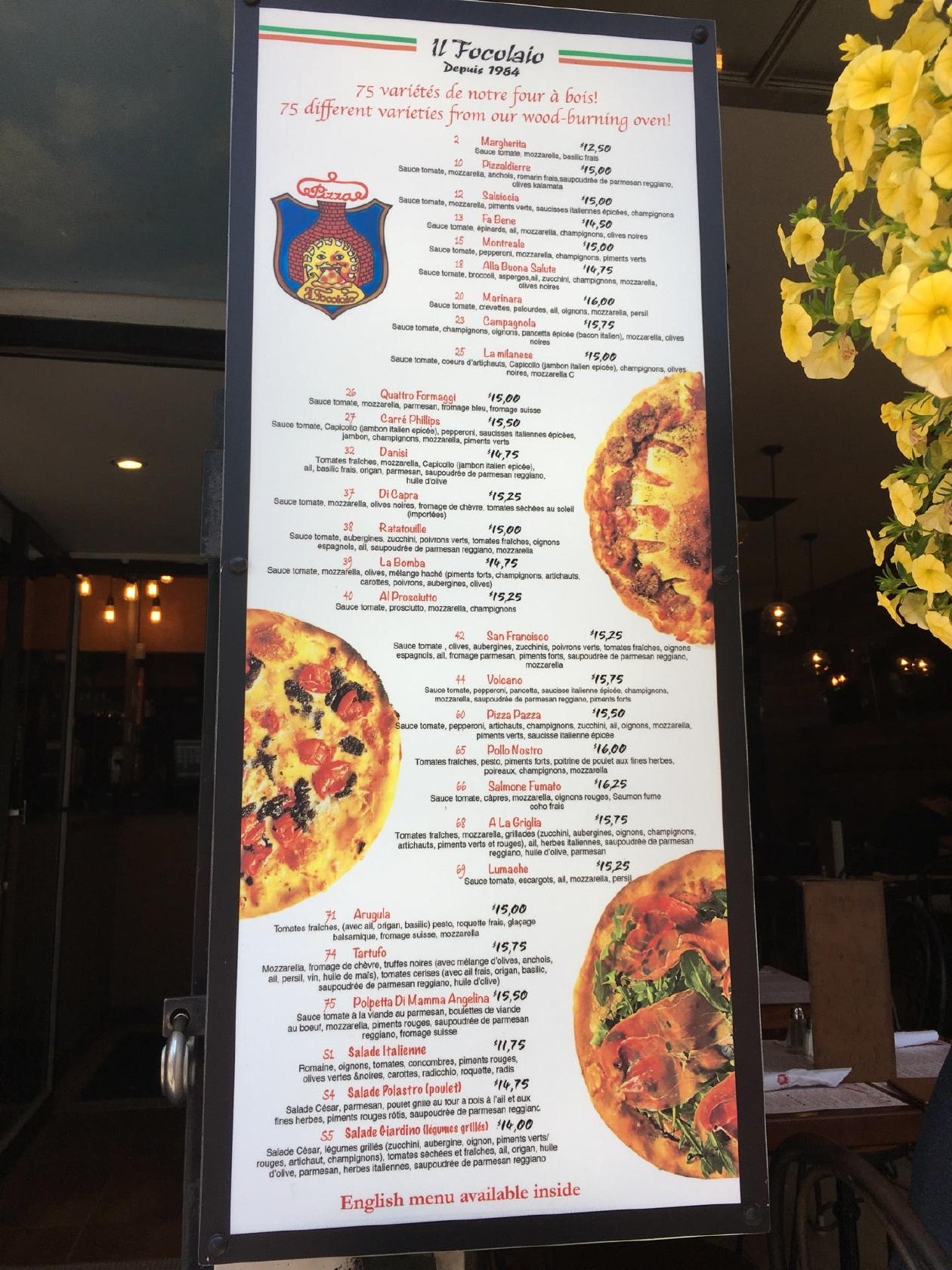 Menu at Pizza Il Focolaio pizzeria, Montréal