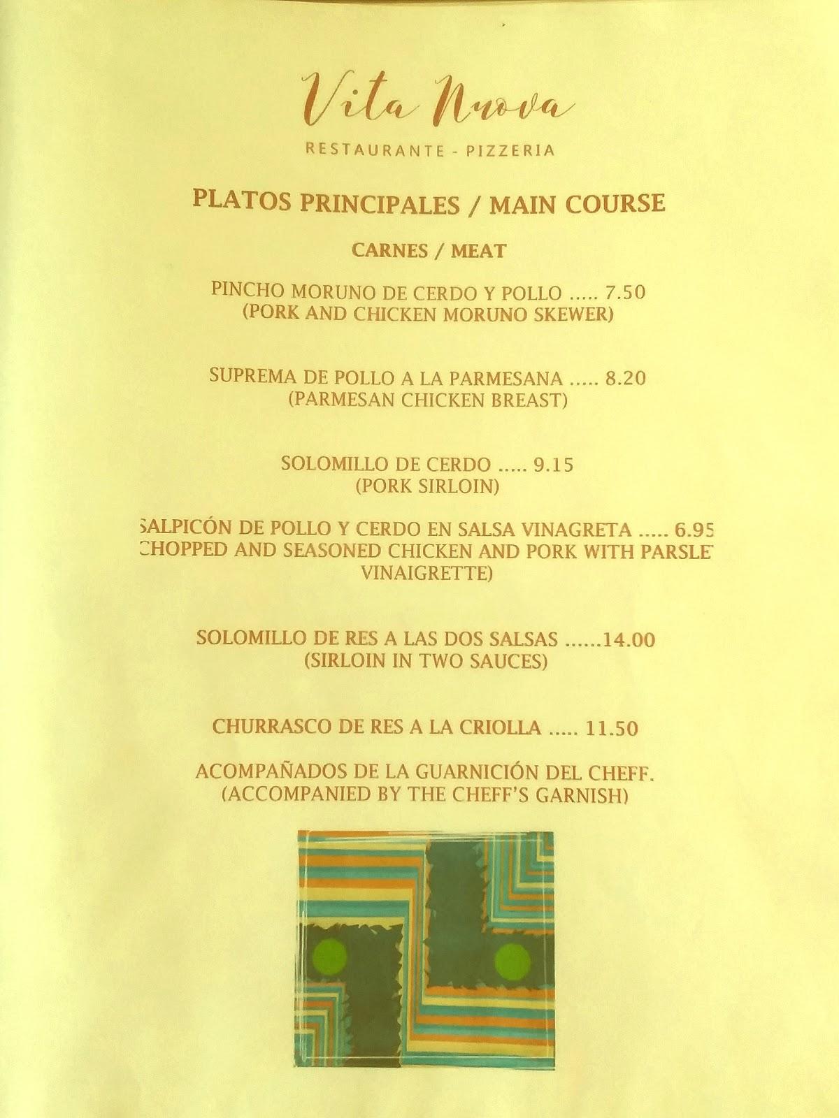 Menu at Vita Nuova restaurant, Havana