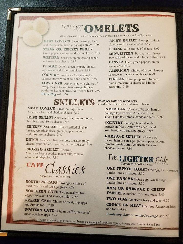 Menu at Rich's Cafe, Fort Wayne, Lower Huntington Rd