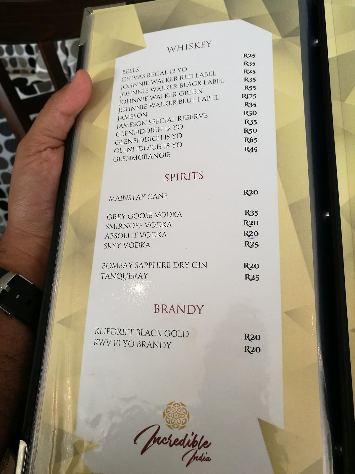 Menu at THE INCREDIBLE INDIA restaurant, Umhlanga