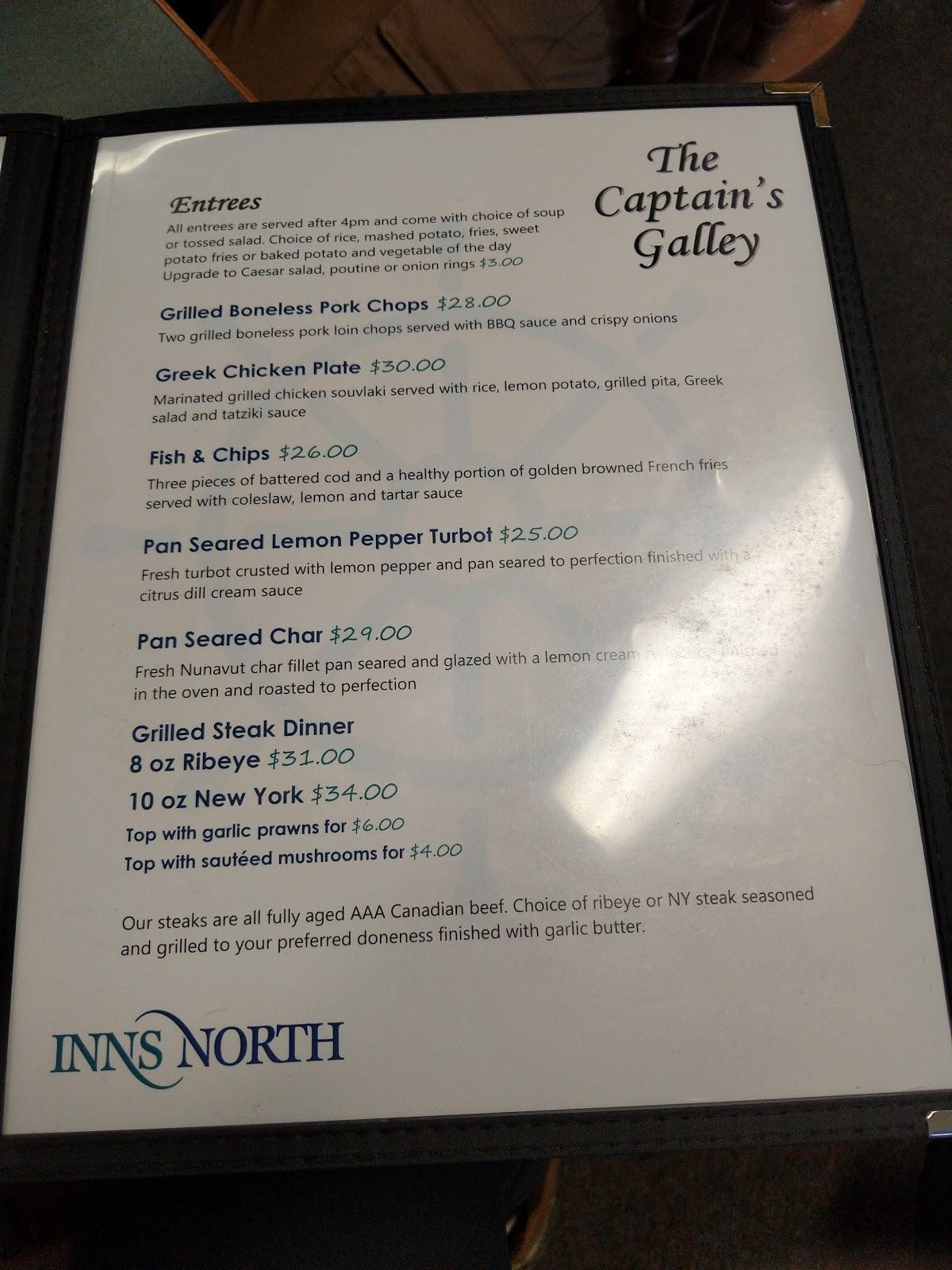 Menu at The Captains Galley Restaurant, Rankin Inlet