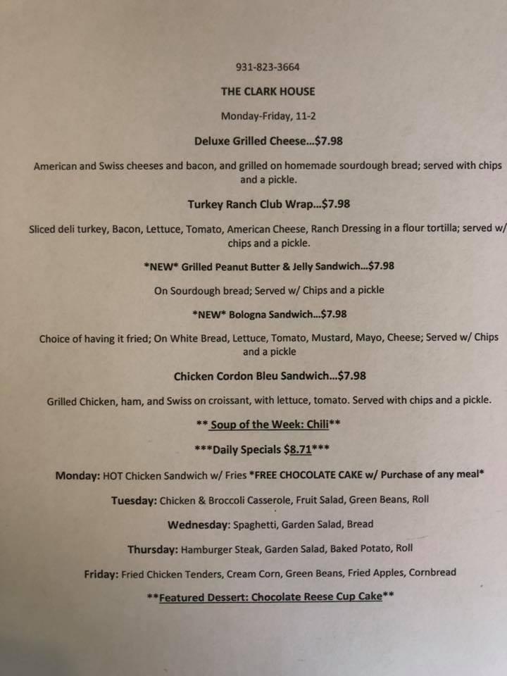 Menu at The Clark House Lunches restaurant, Livingston