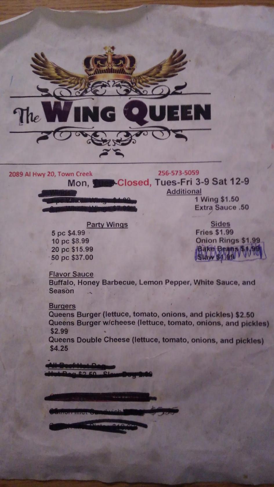 Menu at The Wing Queen restaurant, Town Creek