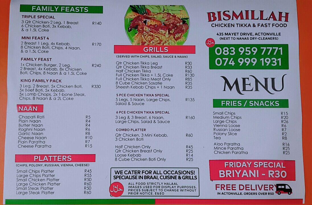 Menu at Bismillah Chicken Tikka & Fast Food, Benoni