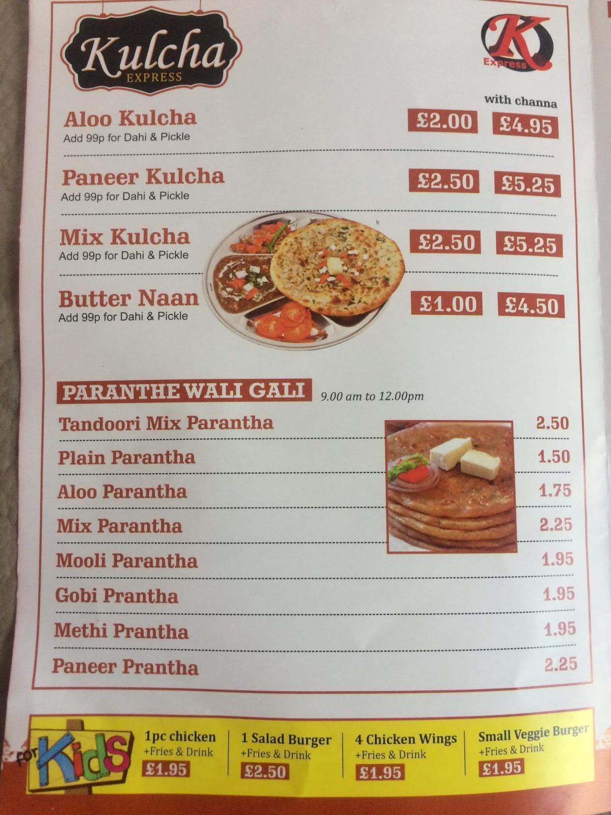Menu at Kulcha Express Hounslow restaurant, Southall, 184 N Hyde Ln