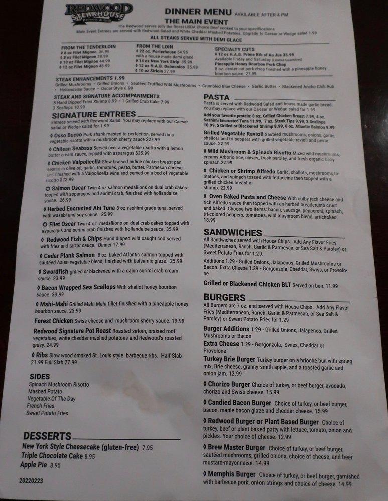 Menu at Redwood Steakhouse and Brewery, Flint