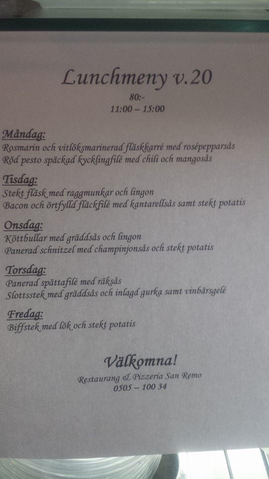 Menu at San Remo Pizzeria, Karlsborg