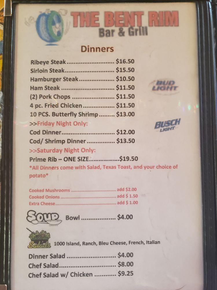 Menu at Bent Rim pub & bar, Cascade
