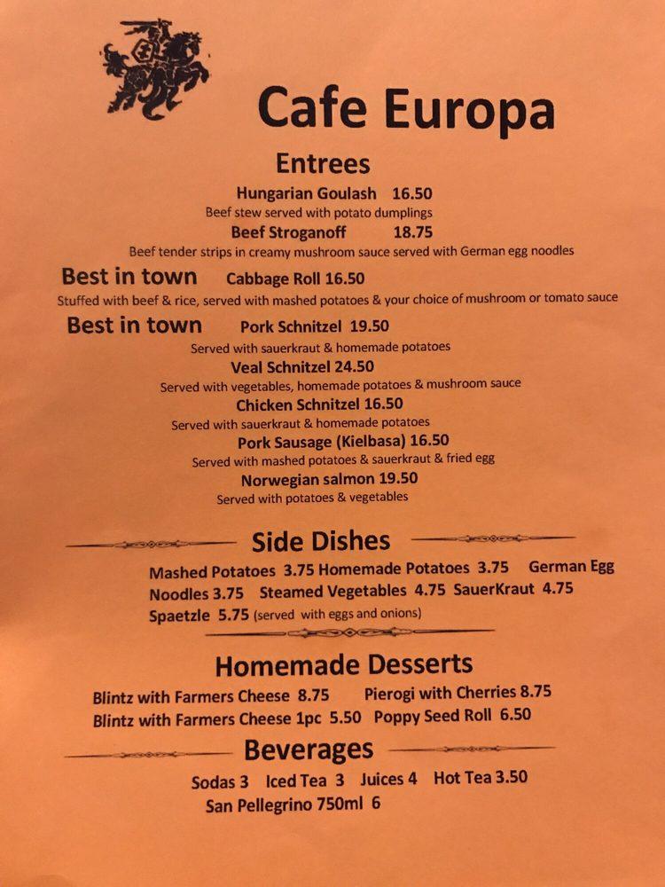 Menu at Cafe Europa, San Francisco