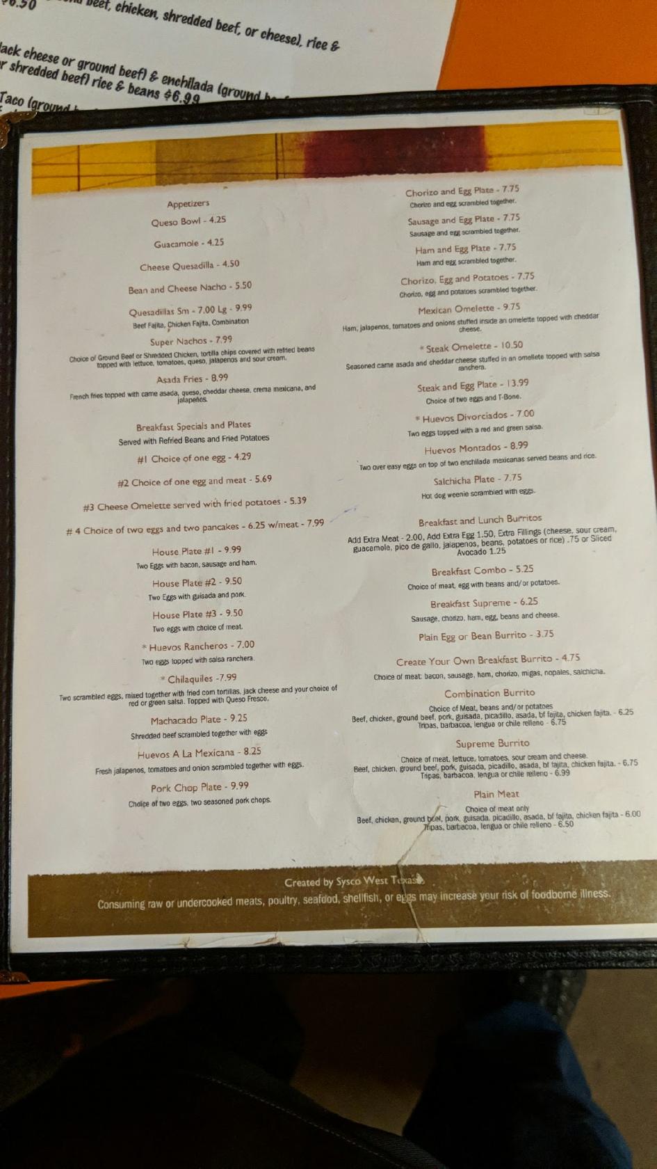 Menu at El Norteño restaurant, Wichita Falls, 110 N Burnett St