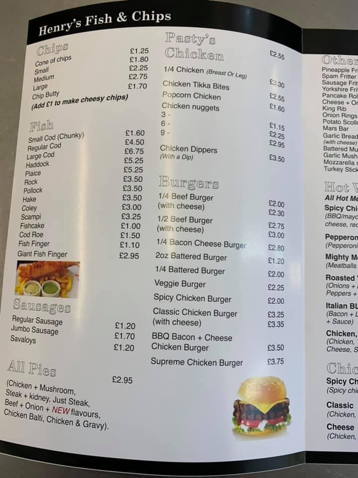 Menu at Henry's restaurant, Sutton Saint James