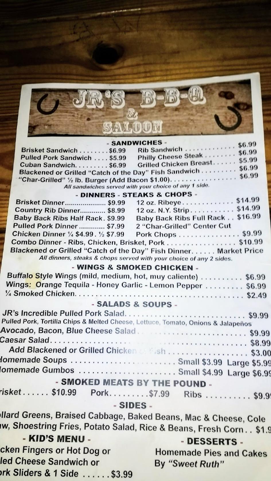 Carta de JRs BBQ & Saloon, Indiantown
