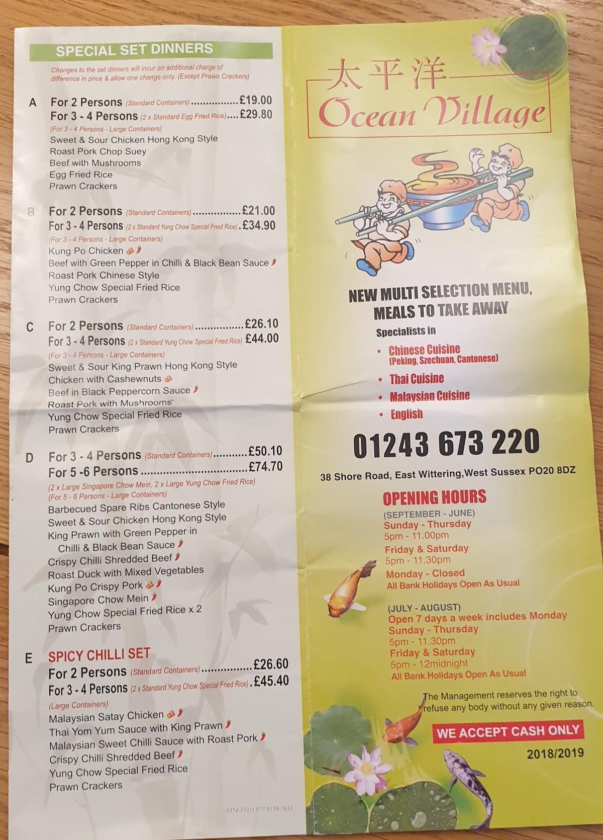 Menu at Ocean Village fast food, East Wittering
